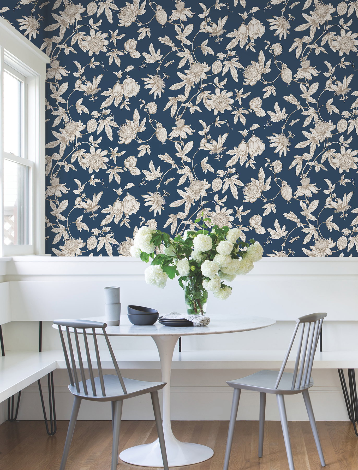Passion Flower Toile Navy Wallpaper by York Wall | Decorilla