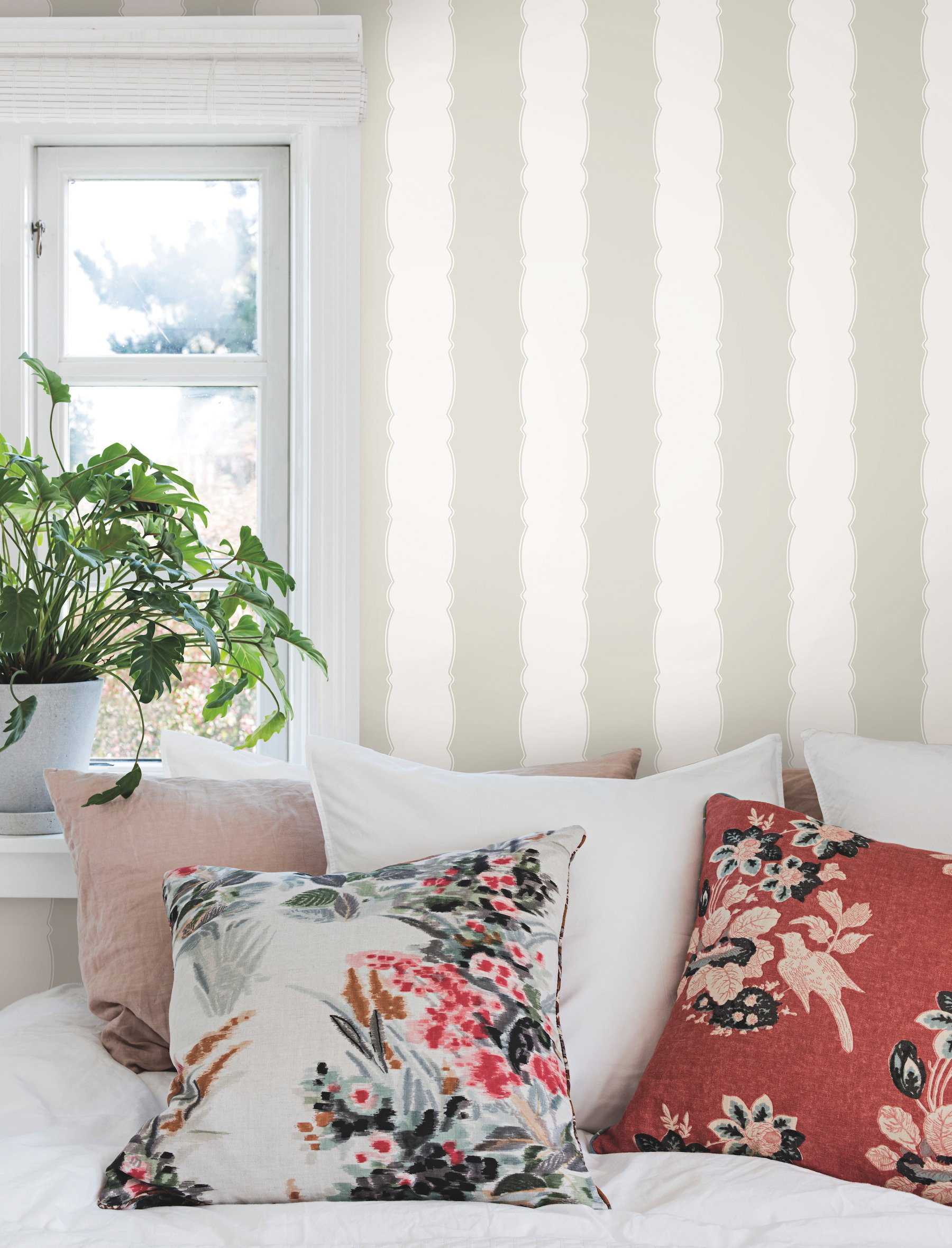Scalloped Stripe Off White Wallpaper by York Wall | Decorilla