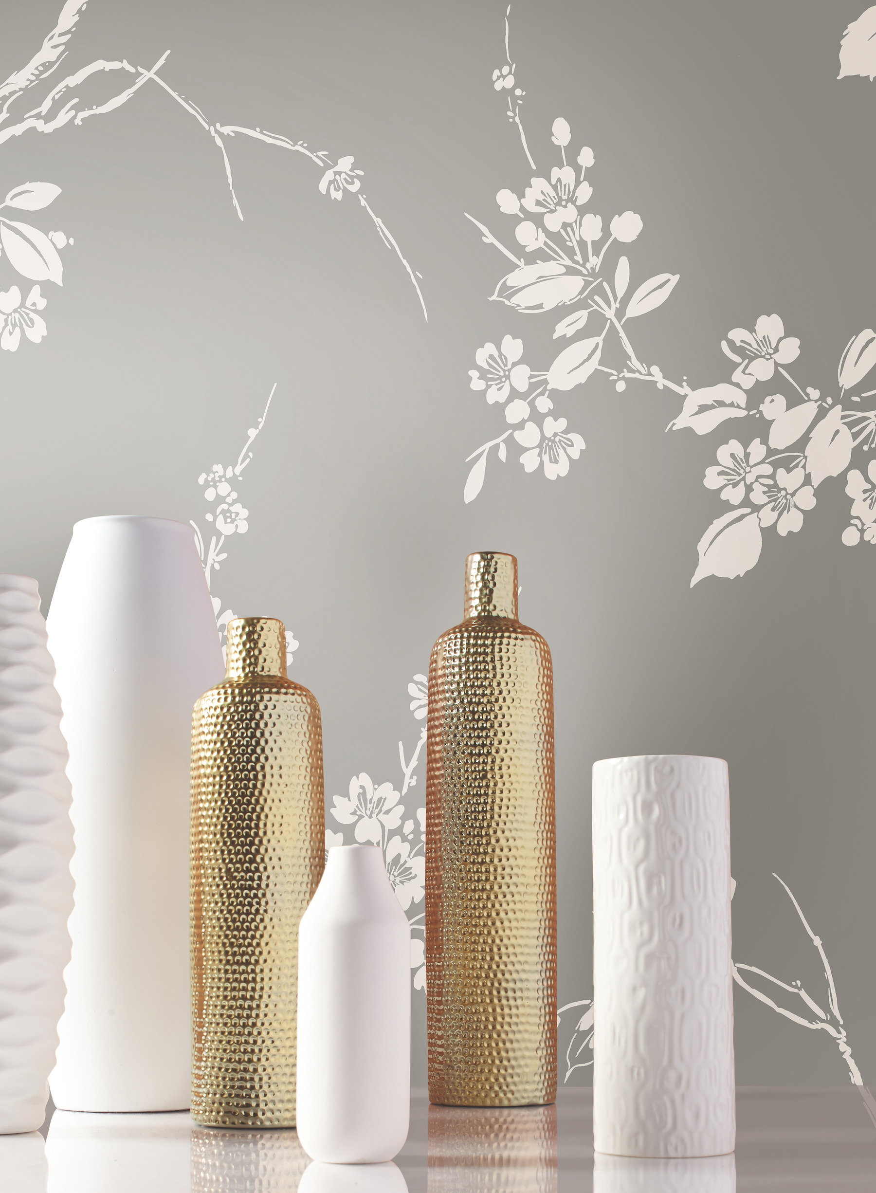 Imperial Blossoms Branch Grey & White Wallpaper by York Wall | Decorilla